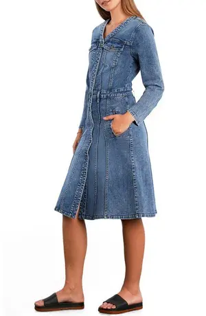 WASH LAB DENIM Madison Long Sleeve Stretch Denim Midi Dress - Atlantic Blue