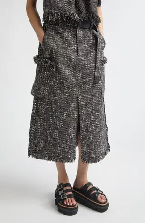 Sacai Mixed Media Fringe Tweed & Chiffon Skirt