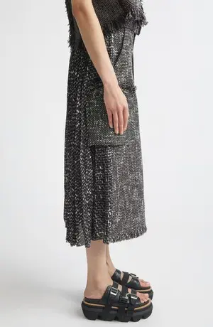 Sacai Mixed Media Fringe Tweed & Chiffon Skirt