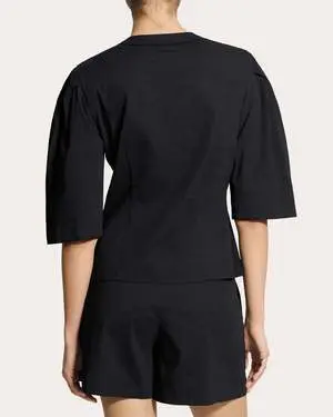 Theory Good Linen Round-sleeve Button-up Top - Black