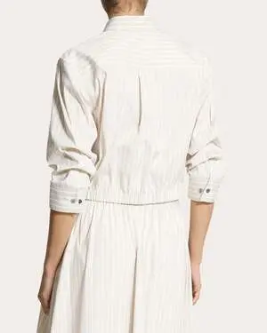 Theory Stripe Cotton Scrunched Crop Button-up Top - Neutral