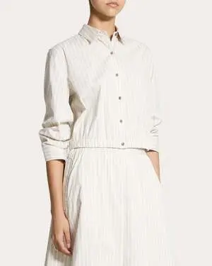 Theory Stripe Cotton Scrunched Crop Button-up Top - Neutral