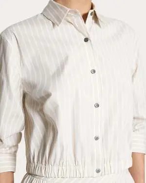 Theory Stripe Cotton Scrunched Crop Button-up Top - Neutral