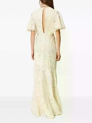 TWINSET Long Lace Dress With Ruffled Short Sleeves