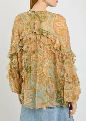 Zimmermann Luna Flutter Paisley Ruffled Silk Blouse - Sage