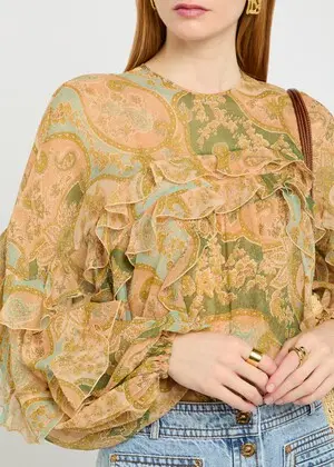 Zimmermann Luna Flutter Paisley Ruffled Silk Blouse - Sage