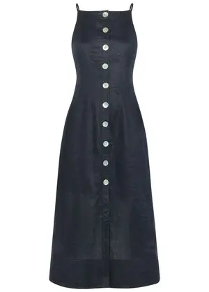 Veronica Beard Georges Button-up Linen Midi Dress - Navy