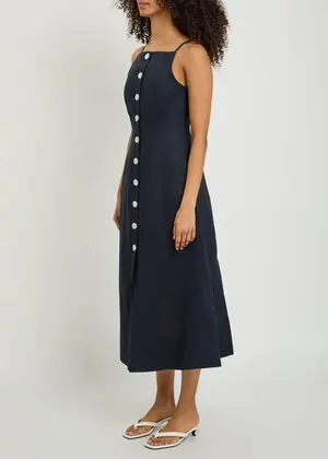 Veronica Beard Georges Button-up Linen Midi Dress - Navy