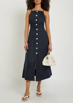 Veronica Beard Georges Button-up Linen Midi Dress - Navy