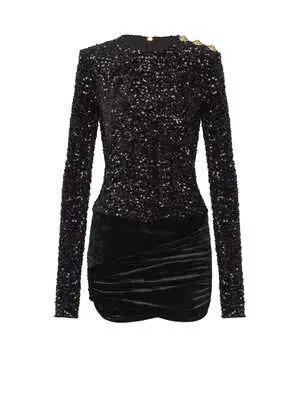 Balmain Short Draped Dress With Sequins And Velvet