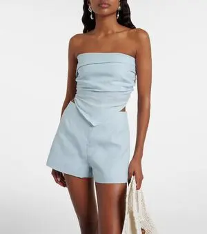 Faithfull The Brand Antibes Shirred Linen Crop Top - Blue