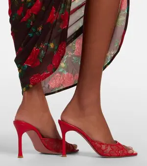 Amina Muaddi Alexa Leather-trimmed Lace Mules - Red