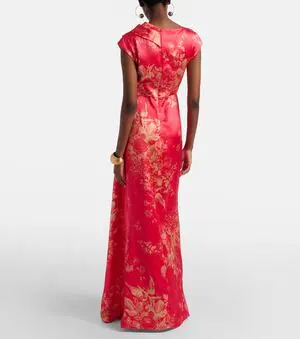 Erdem Draped Floral Duchess Satin Gown - Red