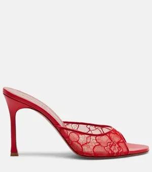 Amina Muaddi Alexa Leather-trimmed Lace Mules - Red