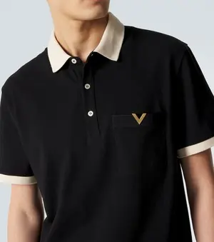Valentino Garavani Vlogo Cotton Jersey Piqué Polo Shirt - Black