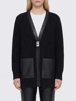 FERRAGAMO Ribbed Cardigan With Leather Accents - Black