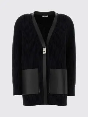 FERRAGAMO Ribbed Cardigan With Leather Accents - Black