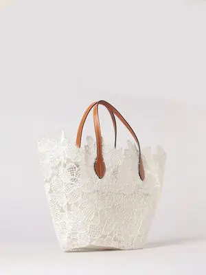 Ermanno Scervino Embroidered Floral Motif Mesh Nylon And Raffia Bag - White