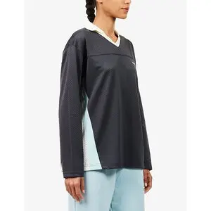 ADANOLA Collared Long Sleeve Mesh Jersey Top - Midnight Blue
