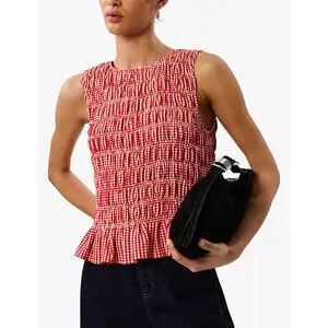 Whistles Gingham-print Shirred Woven Top