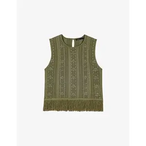 Maje Sleeveless Embellished Woven Top With Fringe - Khaki