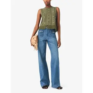 Maje Sleeveless Embellished Woven Top With Fringe - Khaki