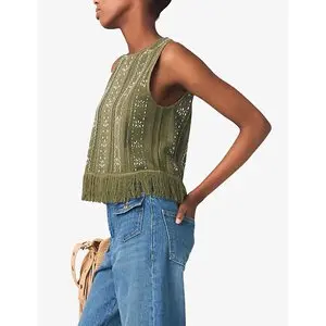 Maje Sleeveless Embellished Woven Top With Fringe - Khaki