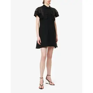Sacai Pleated Contrast Satin And Wool Mini Dress