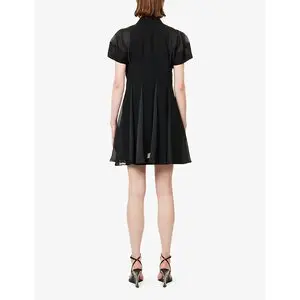Sacai Pleated Contrast Satin And Wool Mini Dress