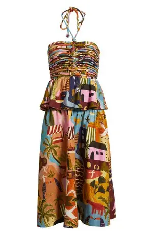 Farm Rio Tropical Print Corded Bodice Midi Dress