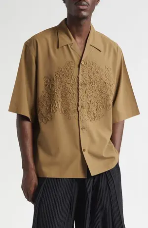 Issey Miyake Pressed Embroidery Camp Shirt - Khaki