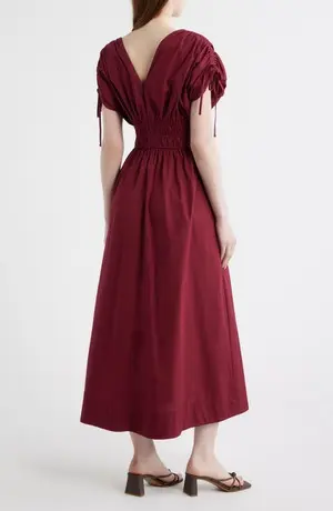 Vince Camuto Cotton Poplin Ruched Tie Shoulder Dress - Wine