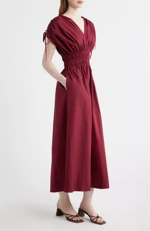 Vince Camuto Cotton Poplin Ruched Tie Shoulder Dress - Wine