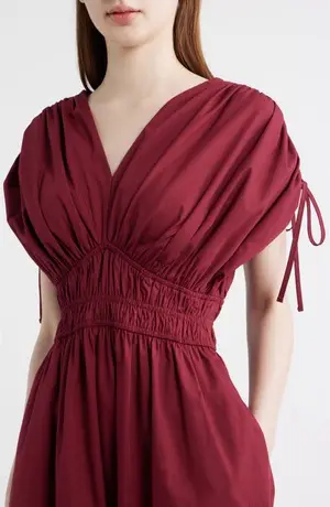 Vince Camuto Cotton Poplin Ruched Tie Shoulder Dress - Wine