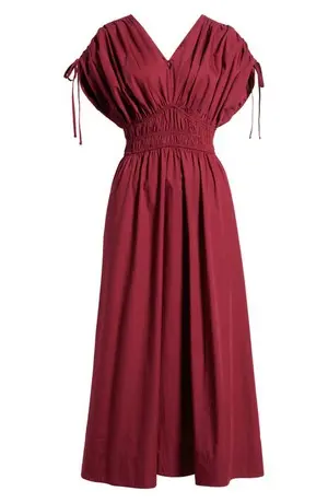Vince Camuto Cotton Poplin Ruched Tie Shoulder Dress - Wine