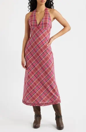 BDG URBAN OUTFITTERS Rita Plaid Halter Midi Dress