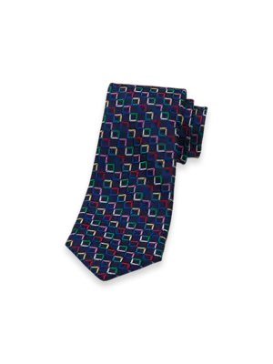 PAUL FREDRICK Patterned Woven Silk Neck Tie - Navy Multi