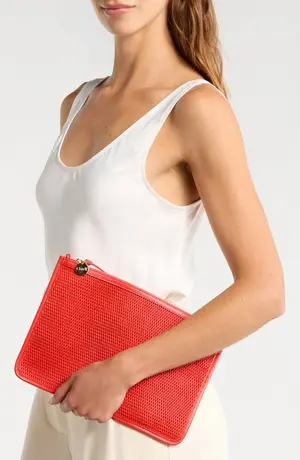 Clare V. Perforated Leather Clutch - Bright Poppy