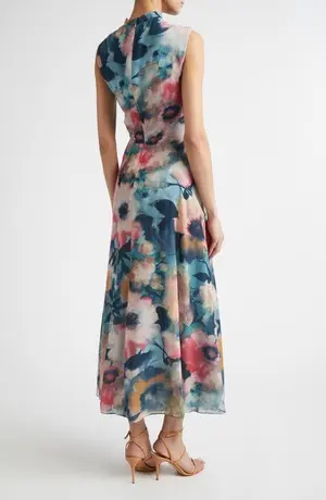 Lela Rose Abstract Floral Draped Chiffon A-line Midi Dress