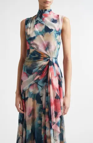 Lela Rose Abstract Floral Draped Chiffon A-line Midi Dress