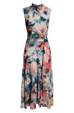 Lela Rose Abstract Floral Draped Chiffon A-line Midi Dress
