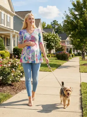 24SEVEN COMFORT APPAREL Maternity Abstract Print Henley Tunic Top - Lilac Multi