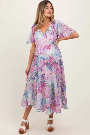 PINKBLUSH Watercolor Floral Flutter Sleeve Midi Dress - Light Pink