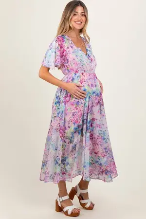 PINKBLUSH Watercolor Floral Flutter Sleeve Midi Dress - Light Pink