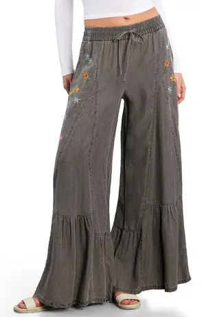BILLY T Embroidered Butterfly Drawstring Wide Leg Jeans - Grey Bloom