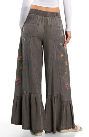 BILLY T Embroidered Butterfly Drawstring Wide Leg Jeans - Grey Bloom