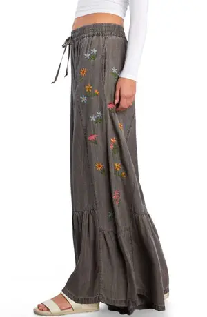 BILLY T Embroidered Butterfly Drawstring Wide Leg Jeans - Grey Bloom