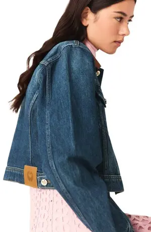Maje Cropped Denim Trucker Jacket With Leather Collar