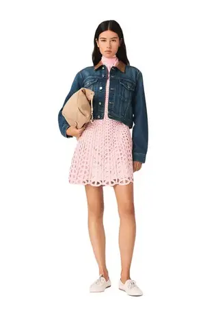 Maje Cropped Denim Trucker Jacket With Leather Collar - Blue