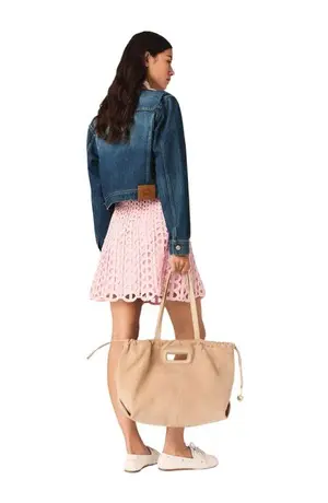 Maje Cropped Denim Trucker Jacket With Leather Collar